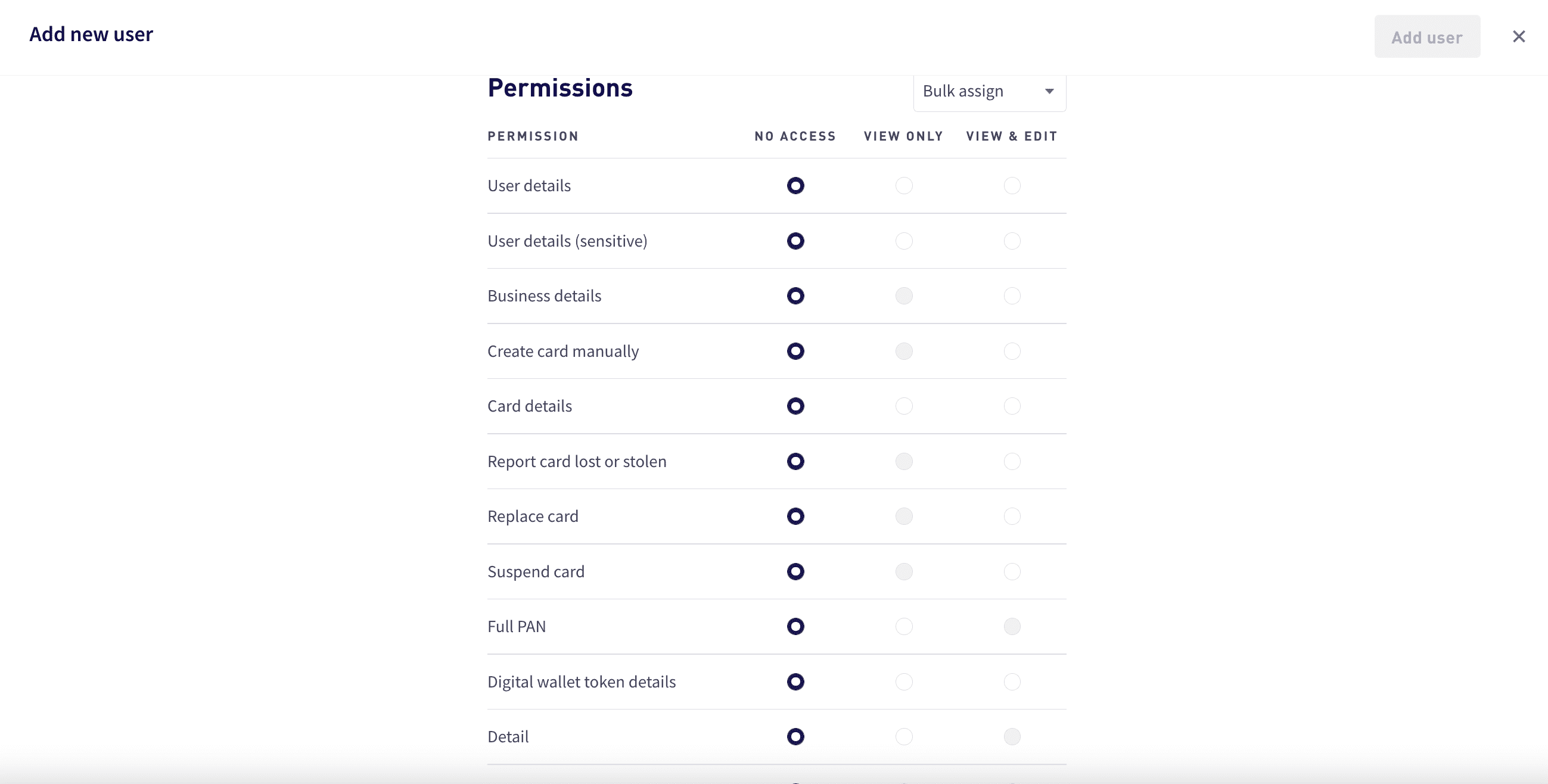For bulk assign, select Bulk assign and then select the access level for all permissions— No ...